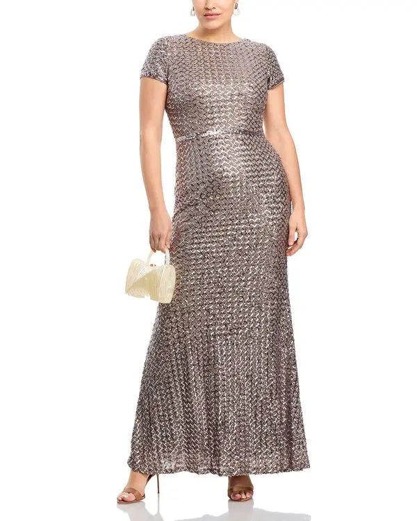Aqua Belted Sequin Gown Exclusive - Silver/taupe
