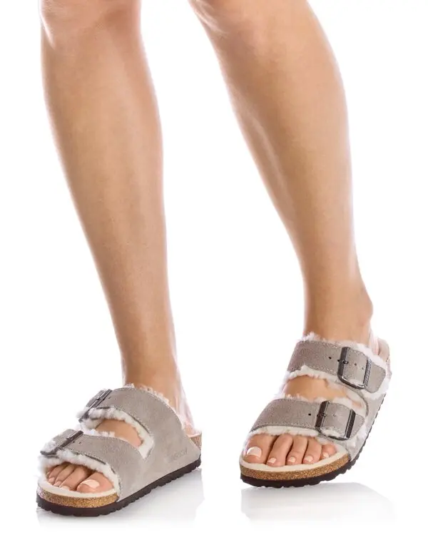 BIRKENSTOCK Arizona Shearling Slide Sandals - Taupe