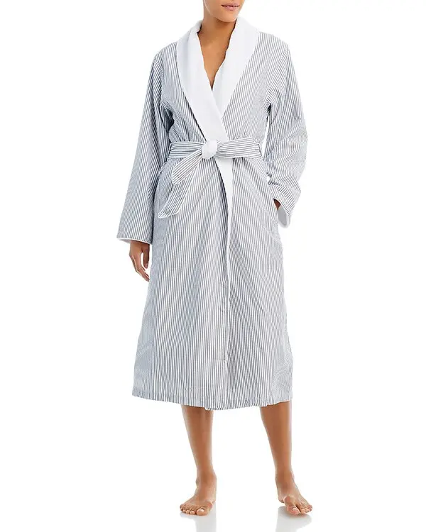 KASSATEX Fleece Lined Seersucker Bathrobe - White/grey