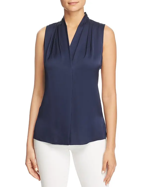 Kobi Halperin Mila Sleeveless V-neck Pleated Silk Blouse - Midnight Blue