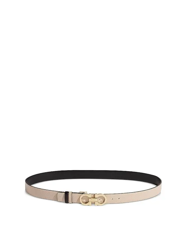 FERRAGAMO Skinny Gancini Leather Belt - Macadamia/black/gold