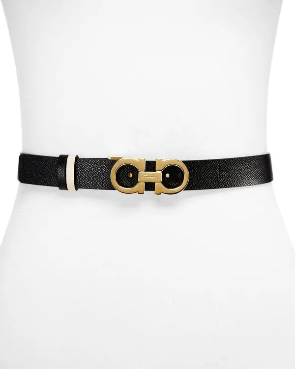 FERRAGAMO Skinny Gancini Leather Belt - Macadamia/black/gold