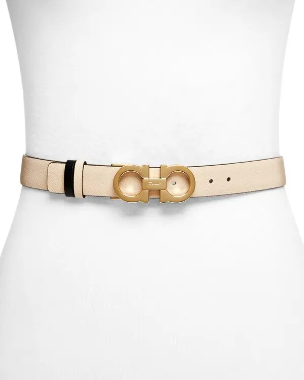 FERRAGAMO Skinny Gancini Leather Belt - Macadamia/black/gold
