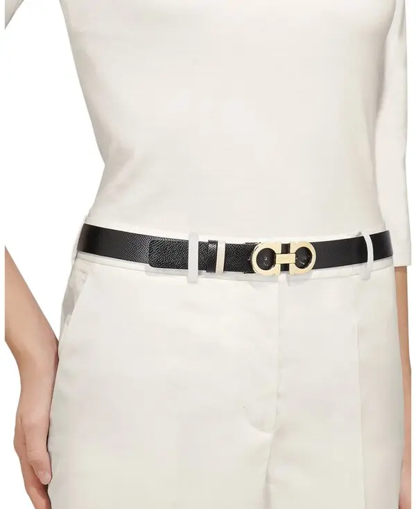 FERRAGAMO Skinny Gancini Leather Belt - Macadamia/black/gold