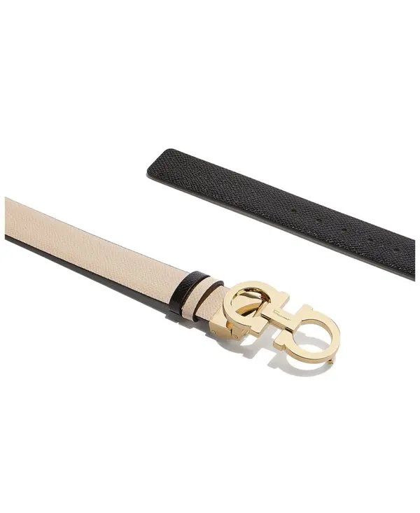FERRAGAMO Skinny Gancini Leather Belt - Macadamia/black/gold