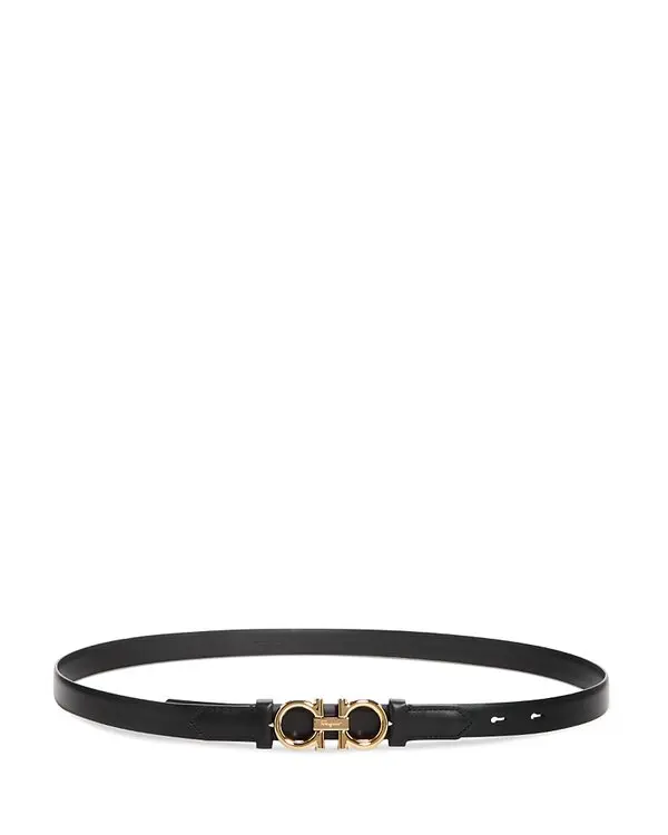 FERRAGAMO Gancini Slim Leather Belt - Black/gold