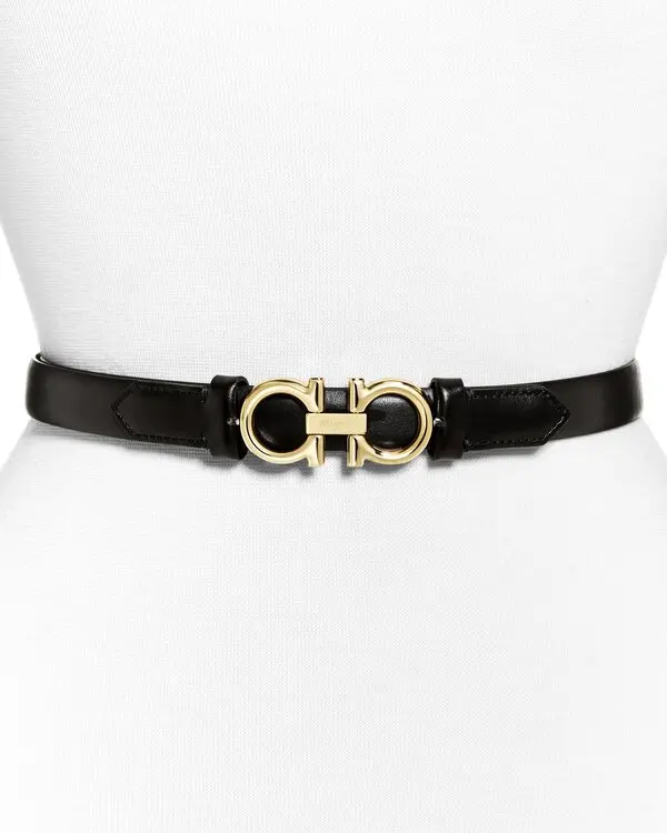 FERRAGAMO Gancini Slim Leather Belt - Black/gold