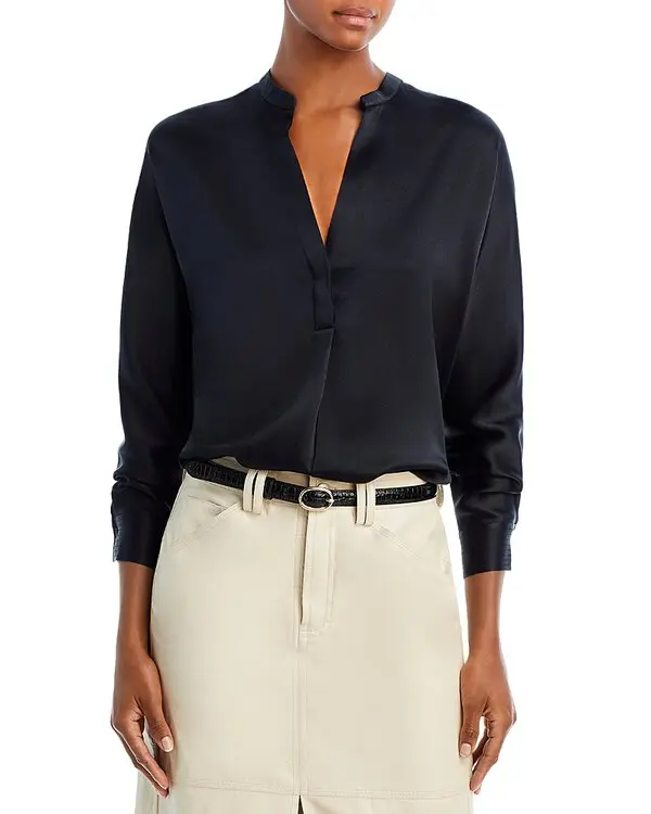 Vince Silk Banded Collar Blouse - Black