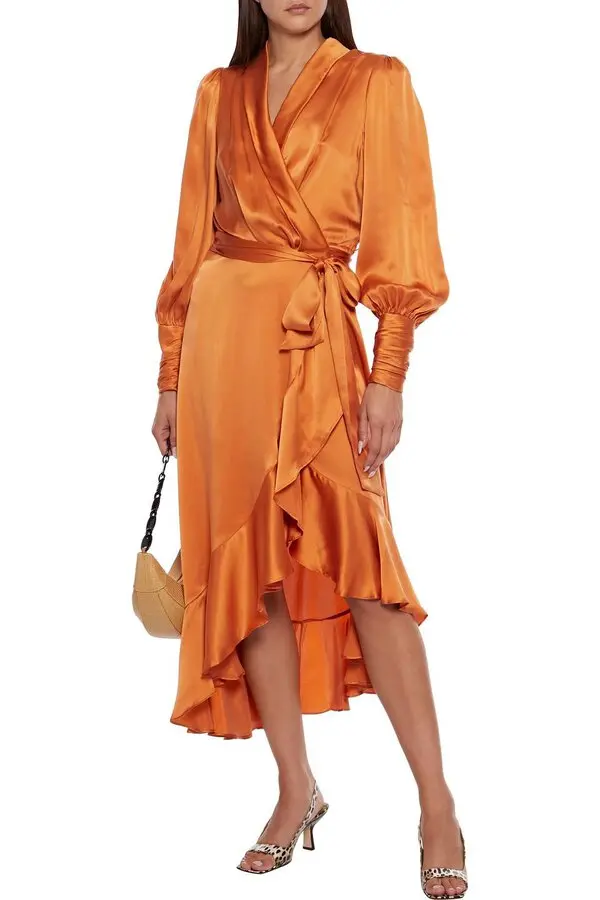Zimmermann Asymmetric Ruffled Washed-Silk Midi Wrap Dress Size In Orange -  50% Off