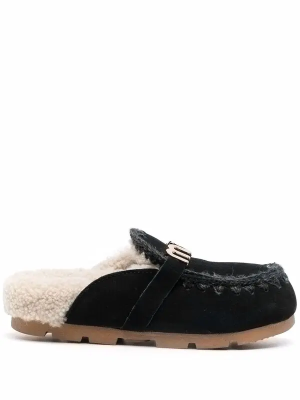 Mou Logo-plaque Shearling Slippers - Black