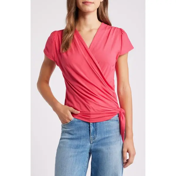 Loveappella Faux Wrap Top - Pink Polis