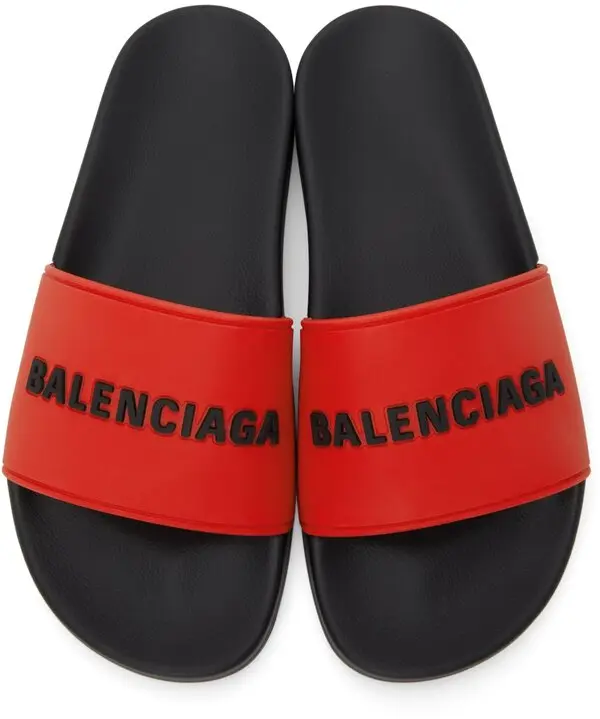 Balenciaga Red & Black Logo Pool Slides In 6410 Red - 42 