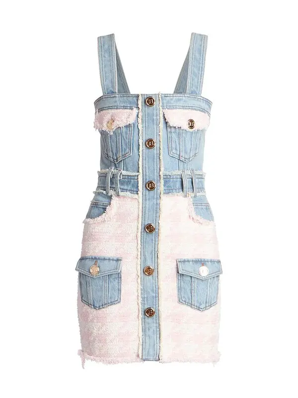 Balmain Buttoned Tweed & Denim Dress