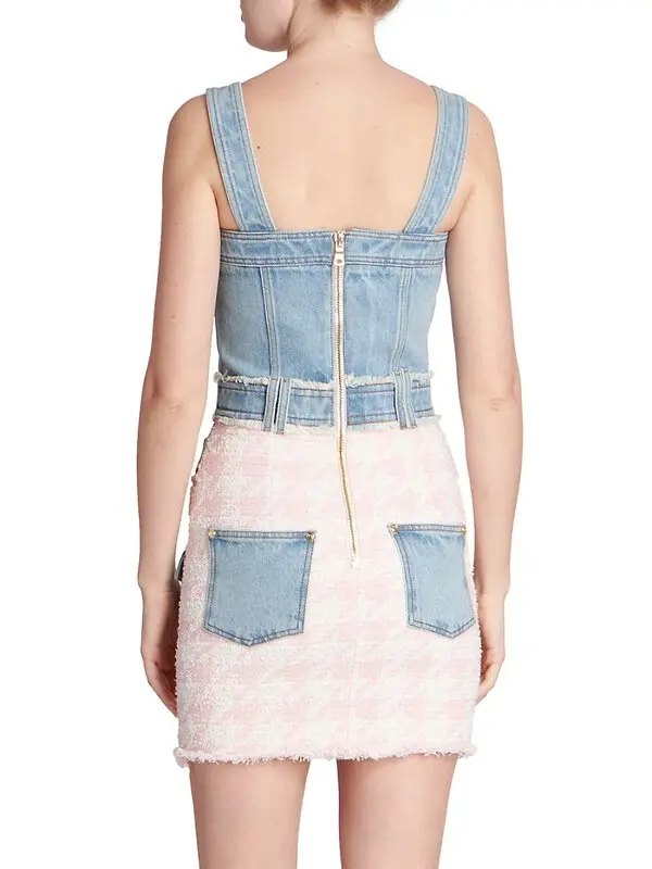 Balmain Buttoned Tweed & Denim Dress