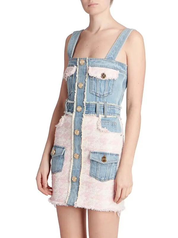 Balmain Buttoned Tweed & Denim Dress