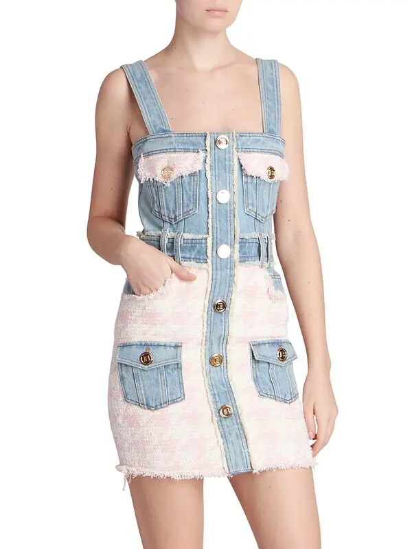 Balmain Buttoned Tweed & Denim Dress