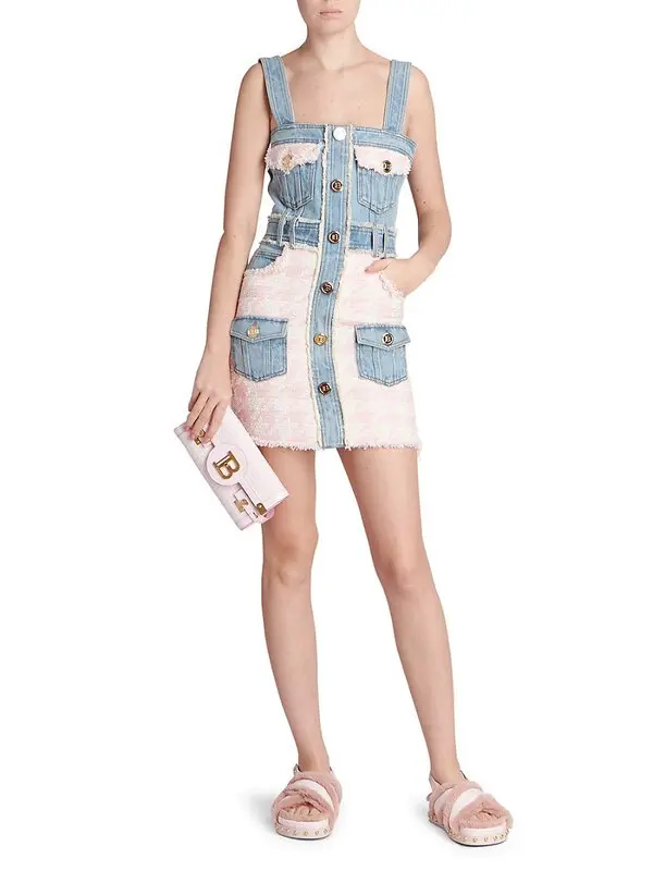 Balmain Buttoned Tweed & Denim Dress