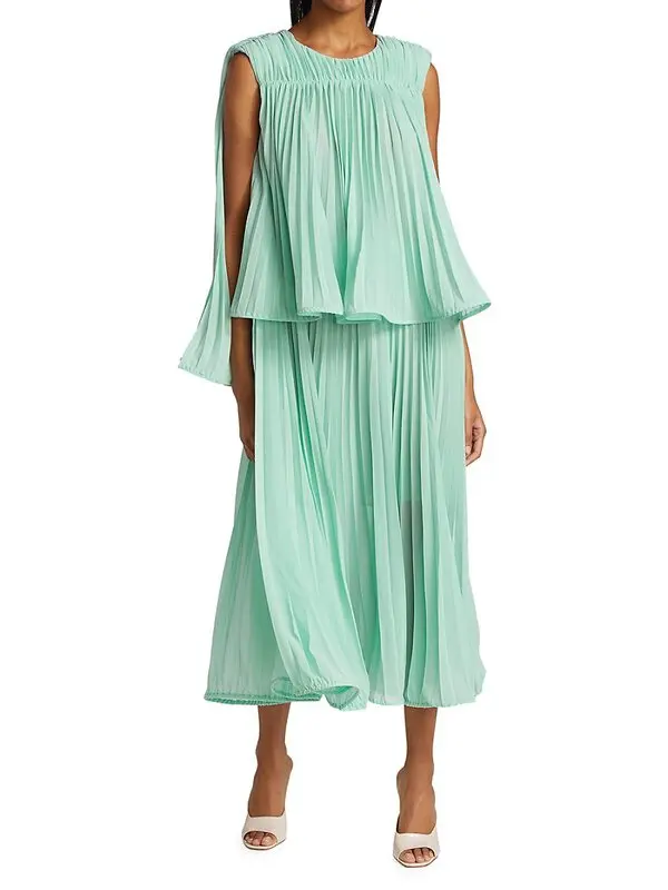 Amur Pleated Chiffon Tiered Ruffle Midi Dress In Soft Sage - 69% Off |  Editorialist