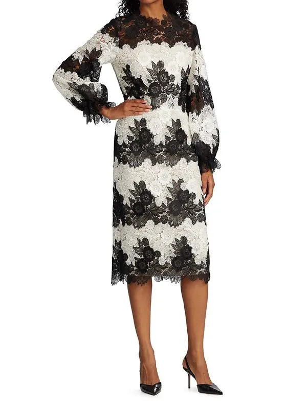 Lela Rose Floral Guipure Lace Long-Sleeve Sheath Dress - Black Ivory |  Editorialist