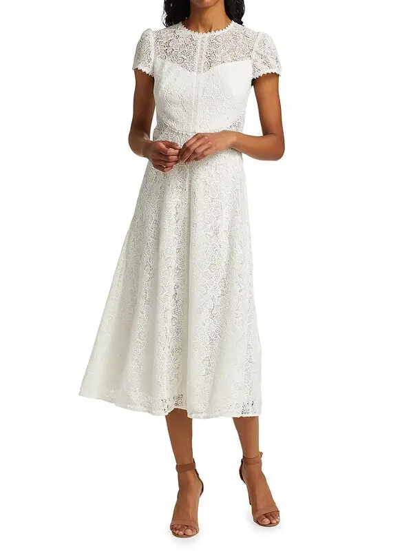 Monique Lhuillier Lace Cap-Sleeve A-Line Midi Dress - White | Editorialist