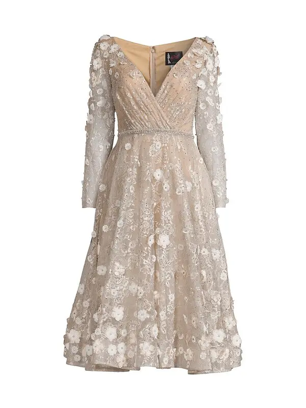 Mac Duggal Beaded Deep-V Neck Lace Dress - Beige Blush | Editorialist