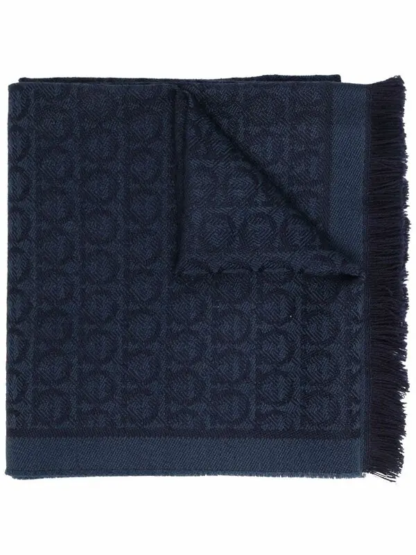 FERRAGAMO Gancini Pattern Frayed Scarf - Blue