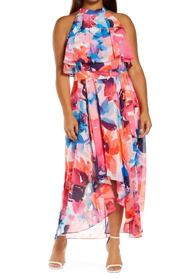 Eliza J Floral Popover Bodice High-Low Chiffon Dress In Pink Multi - 40%  Off | Editorialist