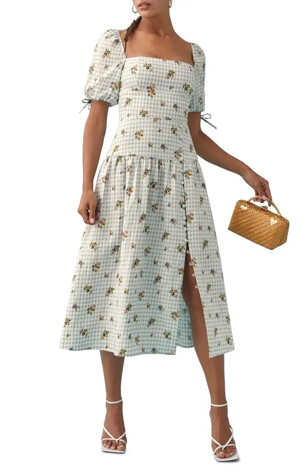 Reformation Melony Floral Gingham Square Neck Linen Midi Dress In Al Fresco  - 25% Off | Editorialist
