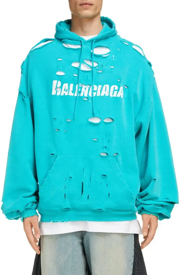 トップス BALENCIAGA DESTROYED HOODIE TURQUOISE Balenciaga Logo Destroyed Hoodie - Turquoise | Editorialist