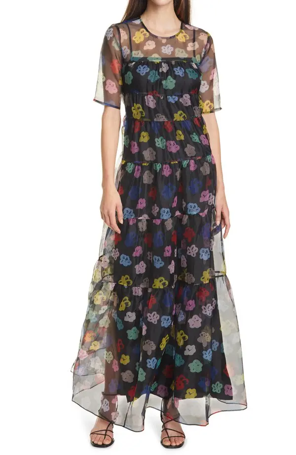Staud Hyacinth Crepe Organza Tiered Maxi Dress In Rainbow Bloom Black - 58%  Off | Editorialist