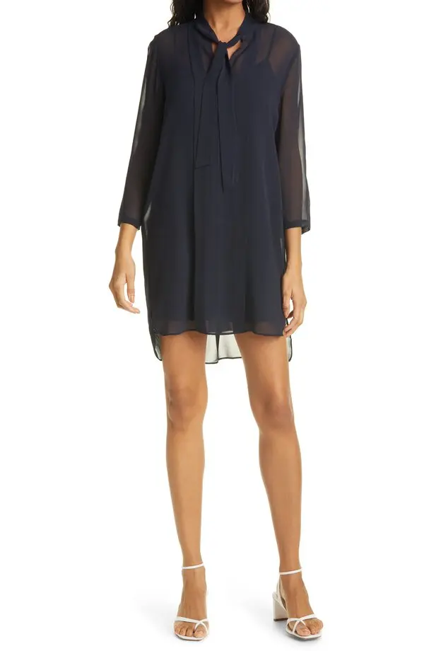 Club Monaco Pintuck Pleat Long Sleeve Silk Shift Dress - Navy | Editorialist