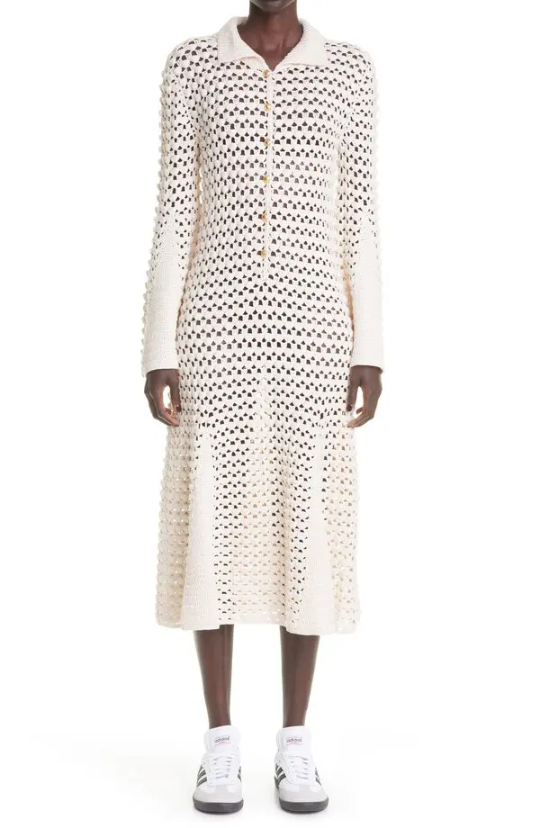 Wales Bonner Lotus Long Sleeve Cotton Crochet Midi Dress In Ivory - 60% Off  | Editorialist