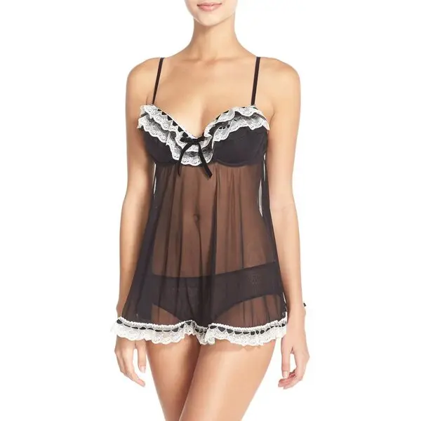 BLACK BOW Ruffles Galore' Underwire Chemise & Hipster Briefs - Black