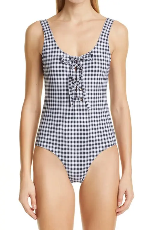 GANNI Gingham Lace-up One-piece Swimsuit - Black
