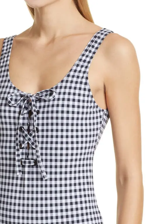 GANNI Gingham Lace-up One-piece Swimsuit