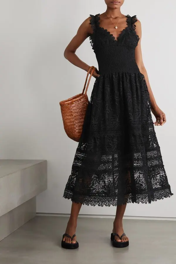 Waimari Net Sustain La Mimosa Shirred Guipure Lace Midi Dress In Black -  50% Off | Editorialist