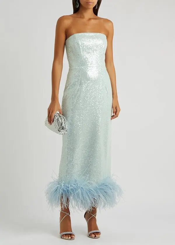 16arlington blue feather dress 16arlington Minelli Blue Feather-Trimmed Sequin Midi Dress In Light Blue -  35% Off