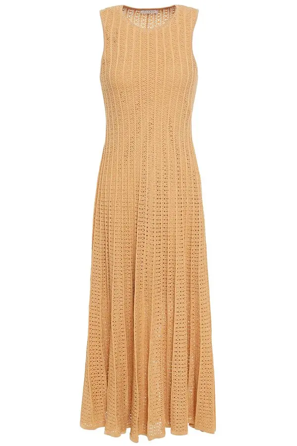 Sandro Alena Pleated Metallic Pointelle-Knit Midi Dress In Sand - 55% Off |  Editorialist