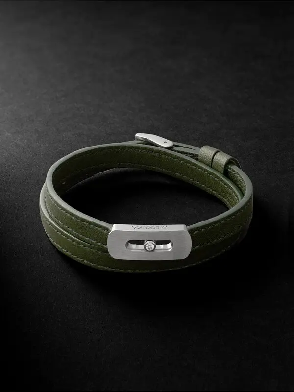 Messika My Move Brushed-titanium, Leather And Diamond Bracelet - Green