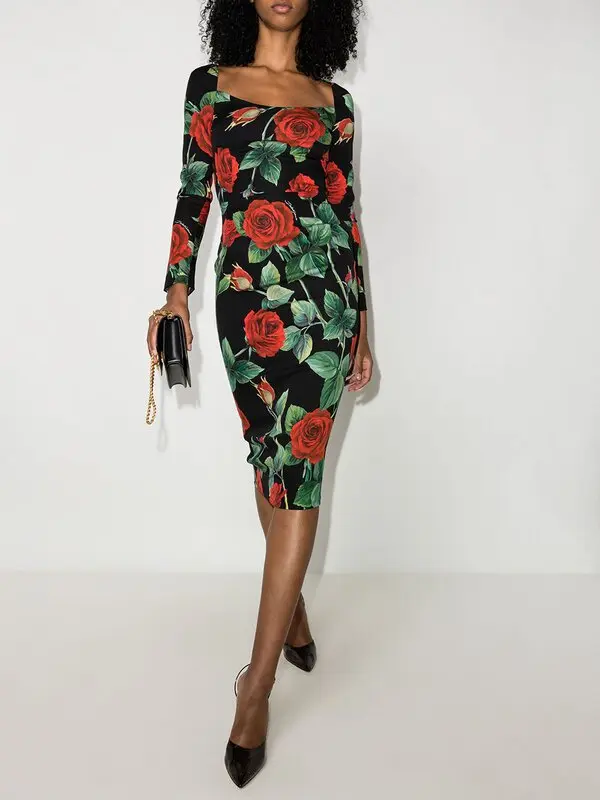 Dolce & Gabbana Rose-Print Long-Sleeve Midi Dress - Black