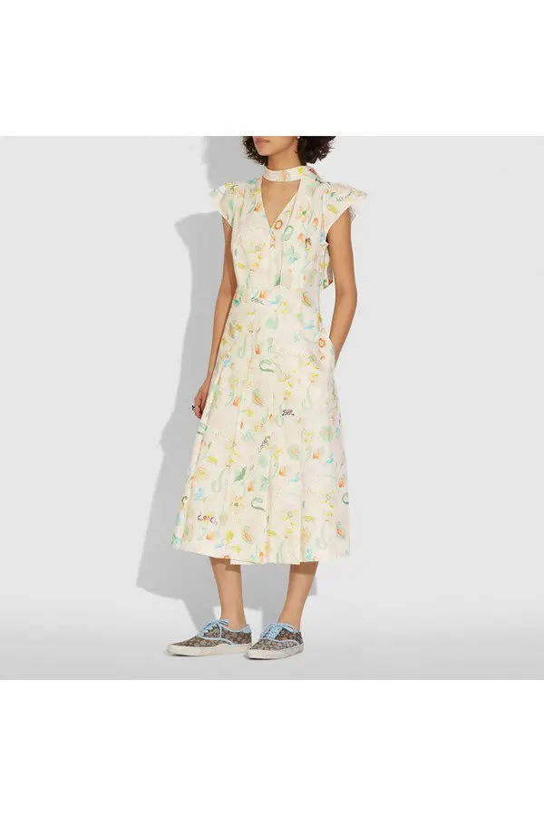 coach pleated tie dress Coach 1941 NWT Print Pleated Dress With Neck Tie Black