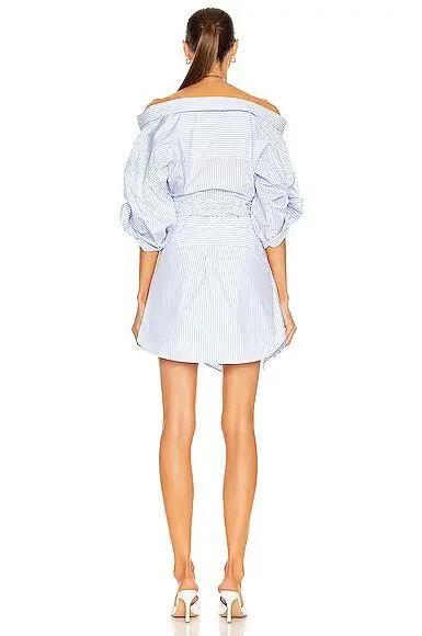 Alexander Wang Wrap Front Off The Shoulder Shirt Dress In Blue - Oxford  Stripe