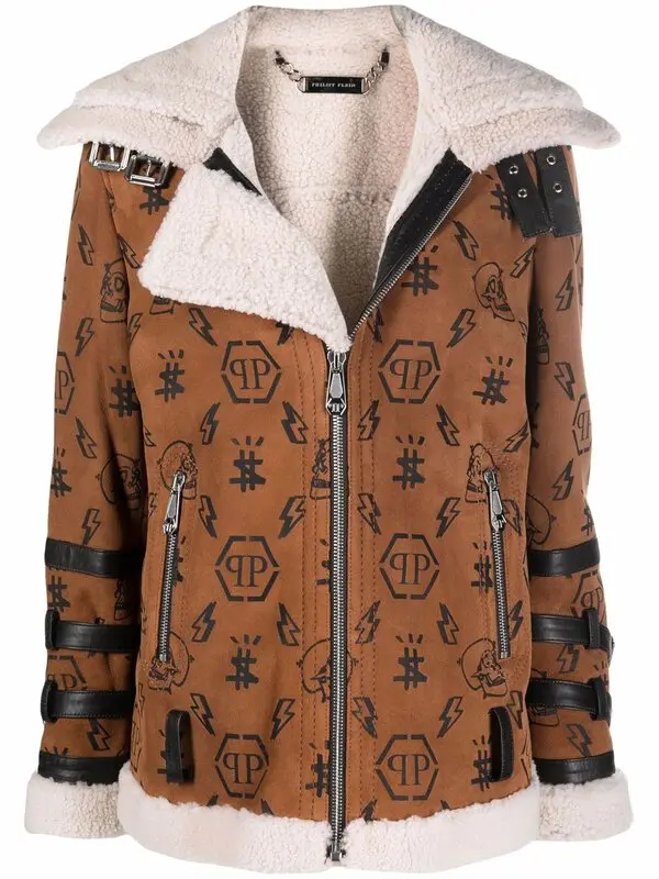 Philipp Plein Monogram Shearling-lined Suede Biker Jacket - Brown
