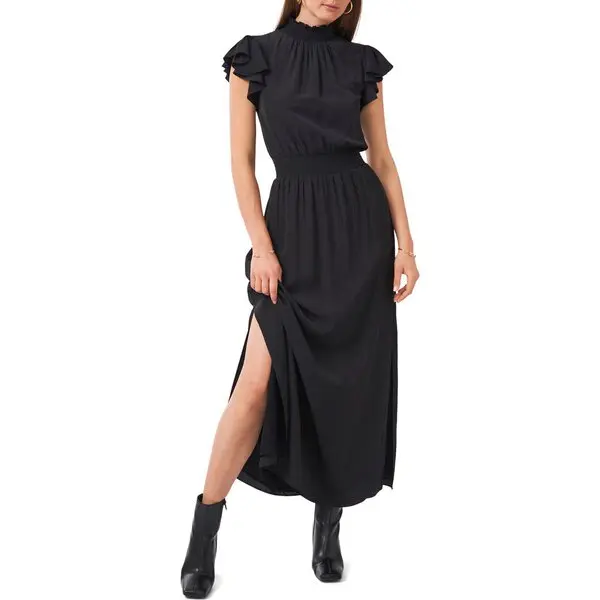 1.State Flutter Sleeve Smocked Neck Dress - Rich Black