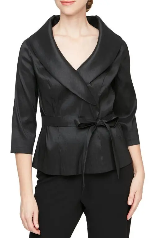 Alex Evenings Tie Waist Brushed Satin Top - Black
