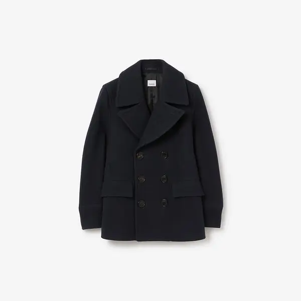 Burberry Wool Blend Pea Coat With Leather Trim