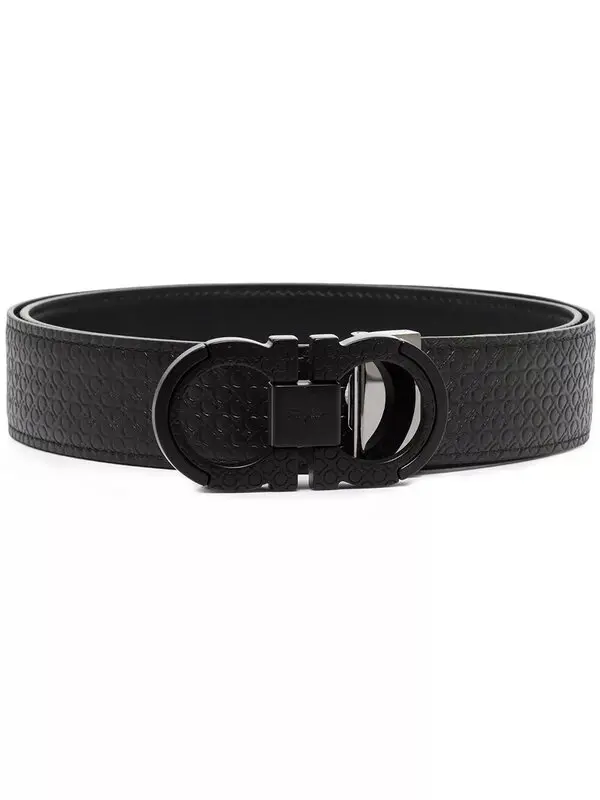 FERRAGAMO Gancini Embossed Leather Belt - Black