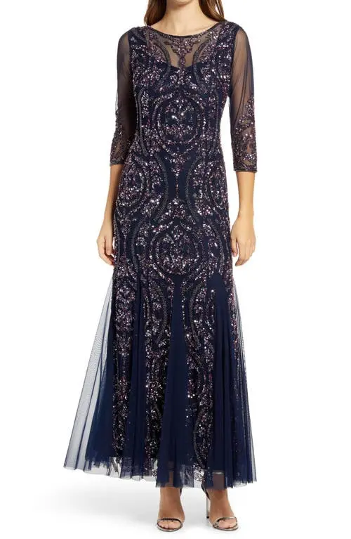 Pisarro Nights Sequin Beaded Illusion Mesh Gown - Navy