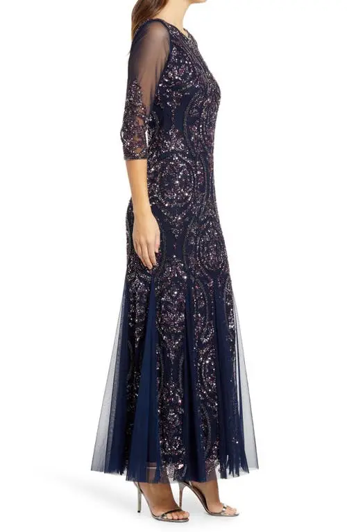 Pisarro Nights Sequin Beaded Illusion Mesh Gown - Navy