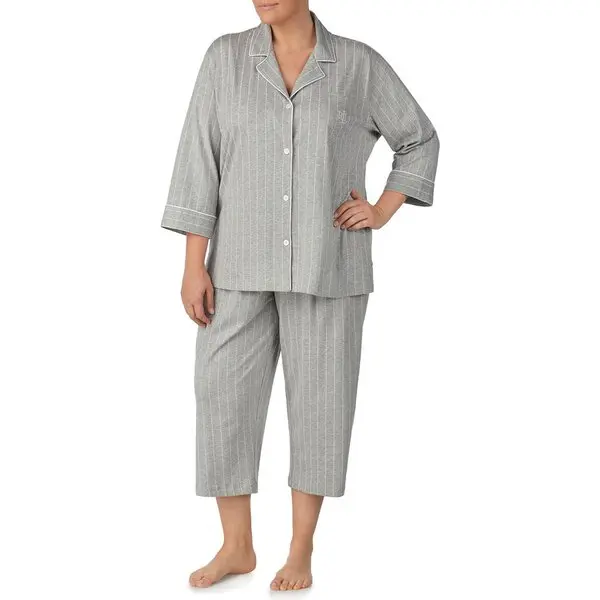 Ralph Lauren Knit Crop Pajamas - Grey Stripe